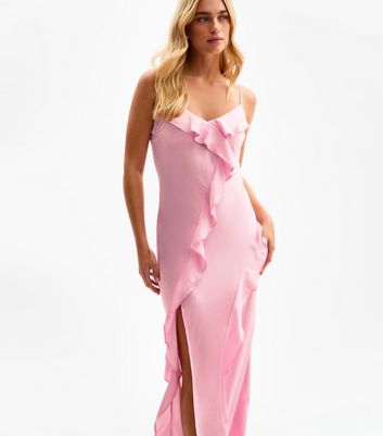 Pink Ruffle Trim Satin Midi Dress | New Look