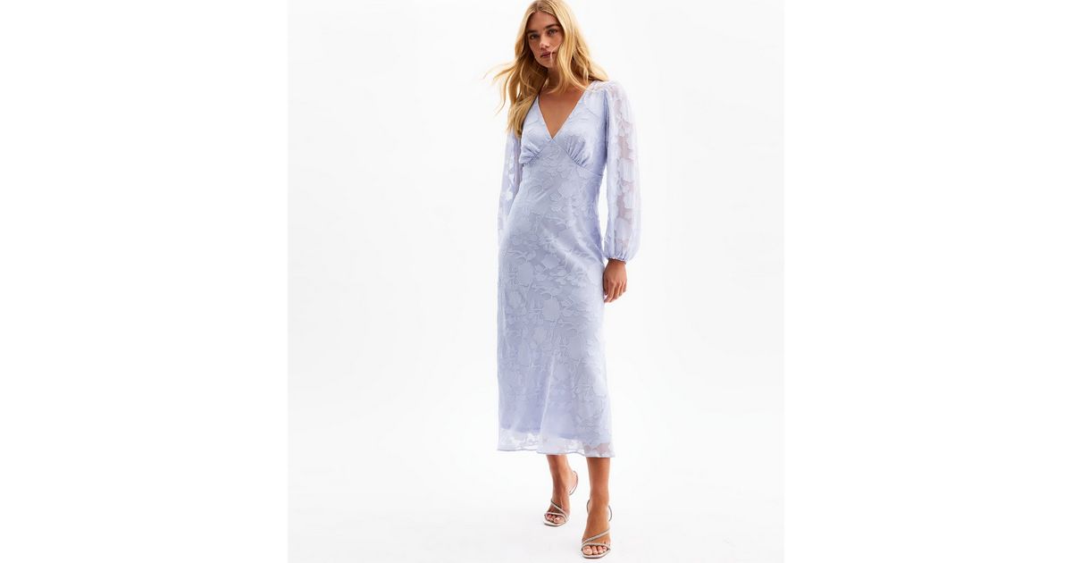 Light Blue V-Neck Floral Devoré Long Sleeve Midi Dress | New Look