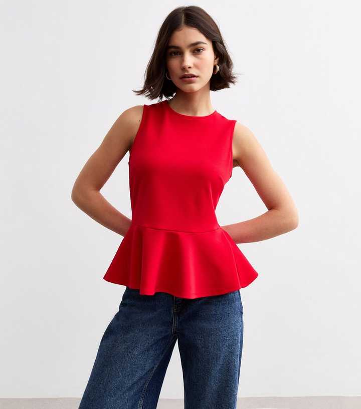 Red Sleeveless Peplum Hem Top | New Look