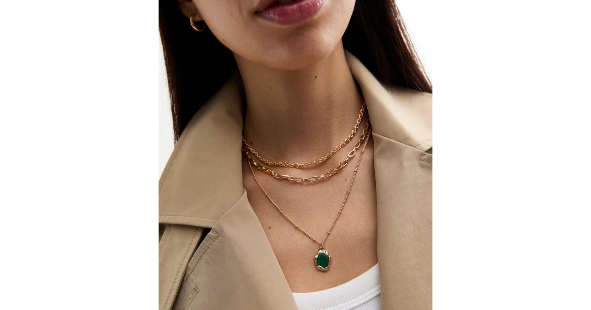 Gold Tone Triple Layered Semi Precious Stone Necklace | New Look