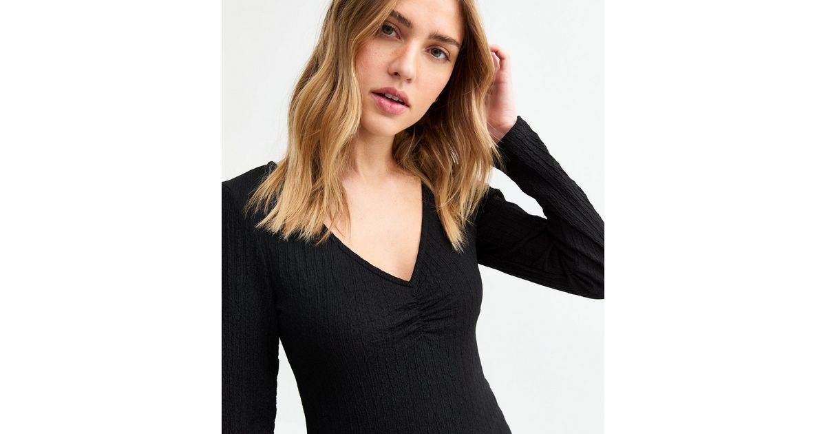 Black Textured V-Neck Top | New Look