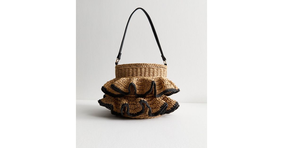 Stone Raffia Look Ruffled Bucket Bag | New Look