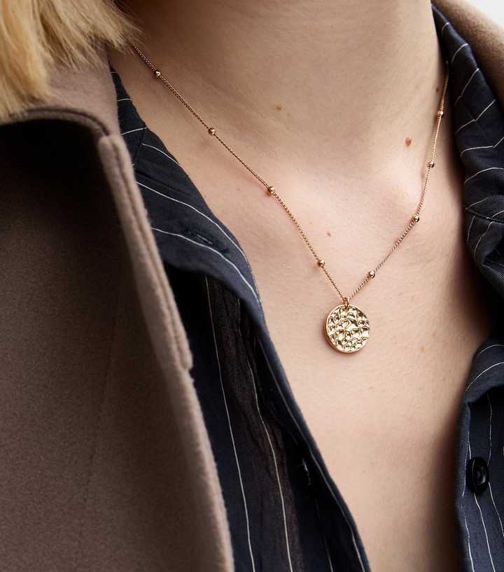 Gold Tone Textured Disc Charm Necklace | New Look