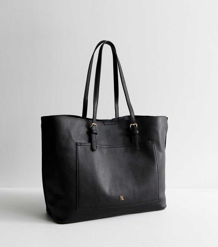 Black Grained Faux Leather Front Pocket Tote Bag | New Look