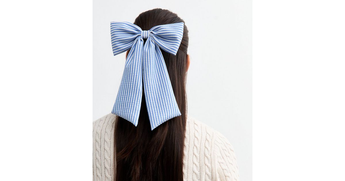 Blue Striped Bow Hair Clip | New Look