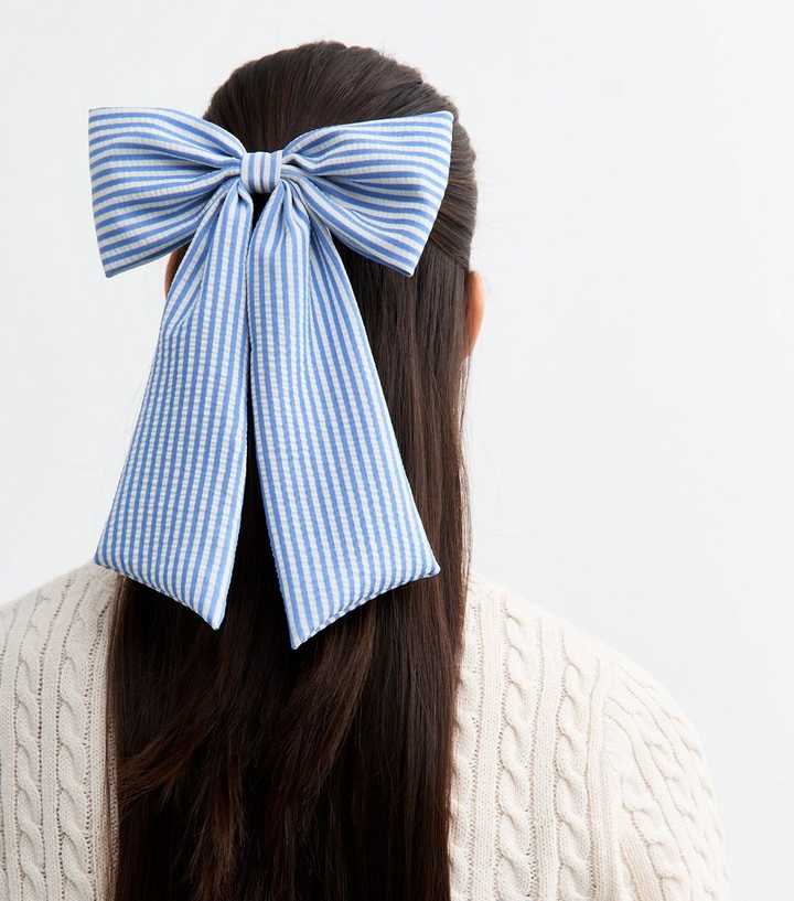 Blue Striped Bow Hair Clip | New Look