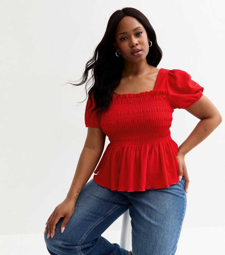 Curves Red Crinkled Shirred Top | New Look