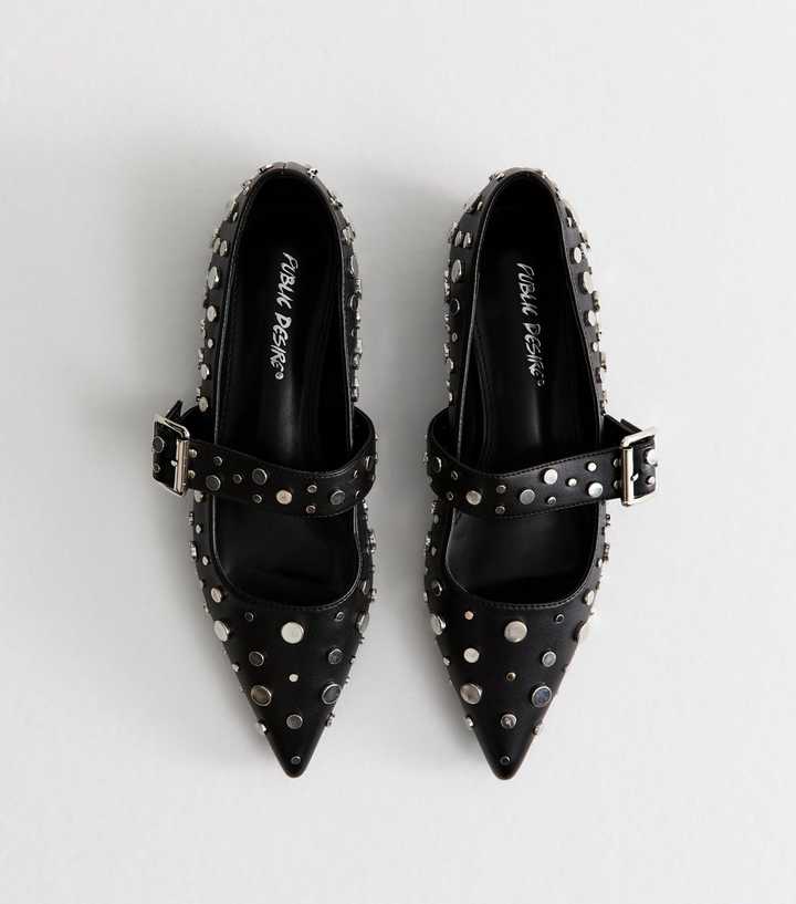 Public Desire Florentine Black Point Toe Flats | New Look