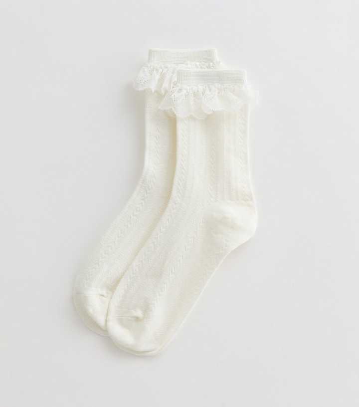 Cream Cable Knit Frilly Trim Socks | New Look