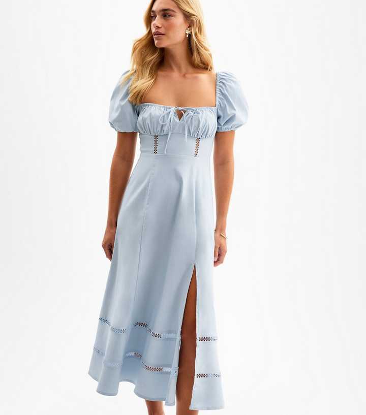 Light Blue Puff Sleeve Slit Hem Midi Dress | New Look