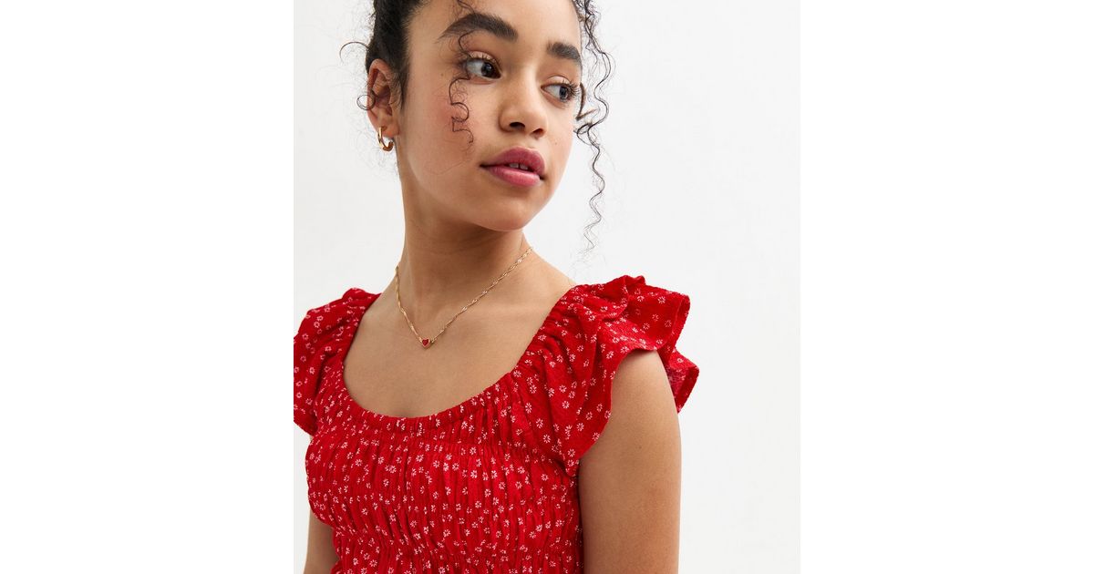 Girls Red Floral Print Frilly Trim Shirred Top | New Look