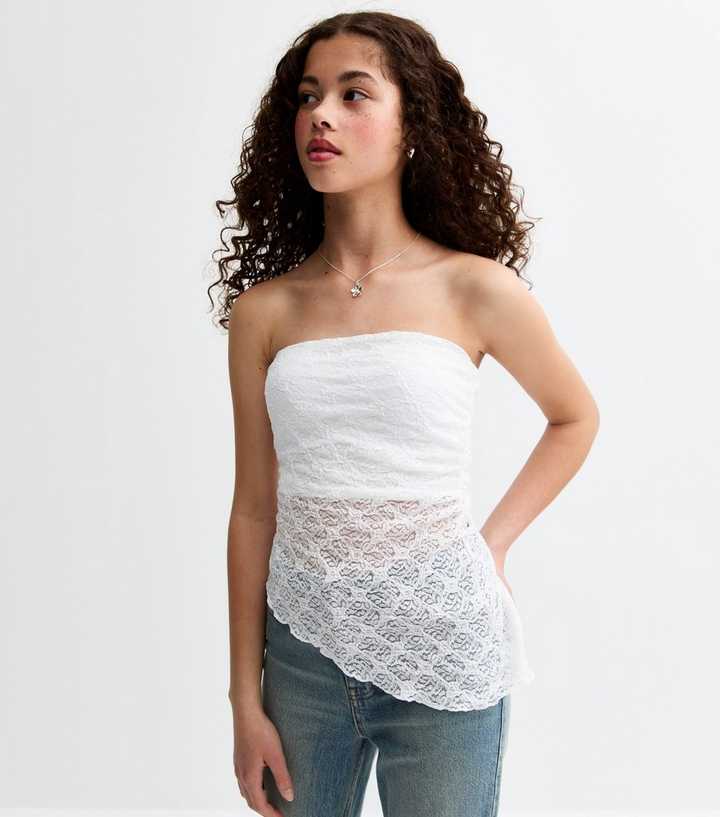 Girls White Jersey Lace Asymmetric Bandeau Top | New Look