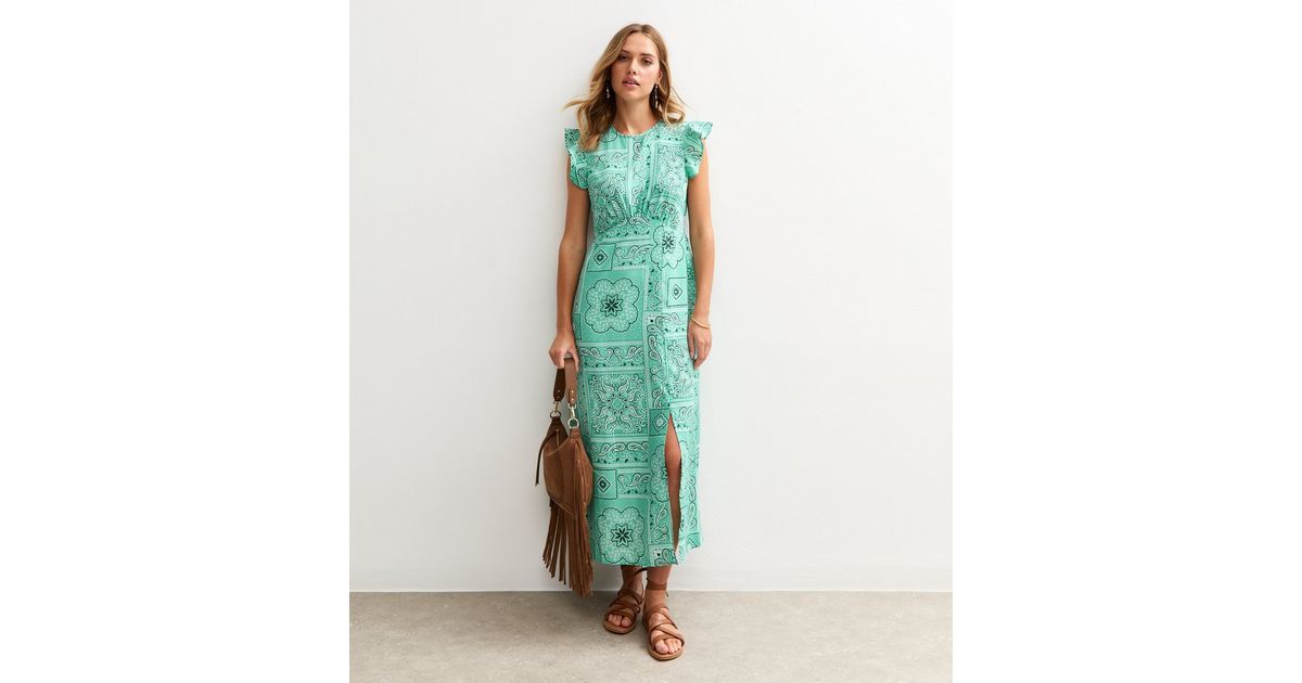 Green Tile Print Frilly Trim Midi Dress | New Look