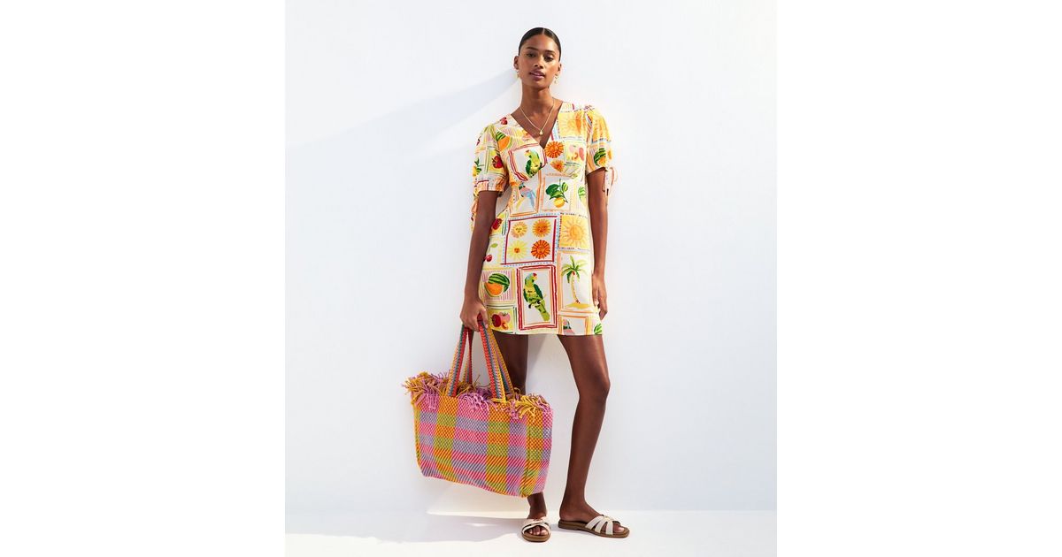 Cream Tropic Print Tie Sleeve Mini Dress | New Look