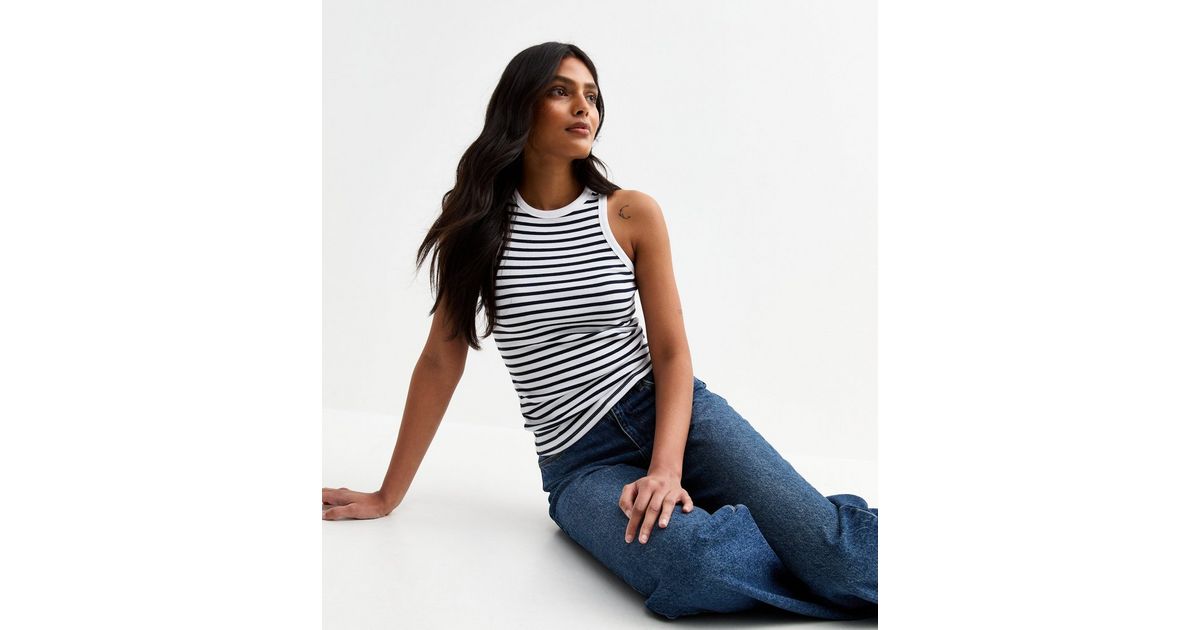 White Striped Ribbed Racer Vest | New Look