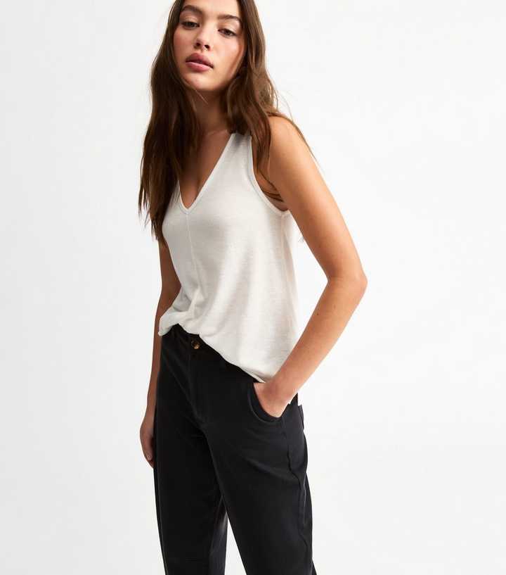 Cream Linen Look V Front Tank Top | New Look