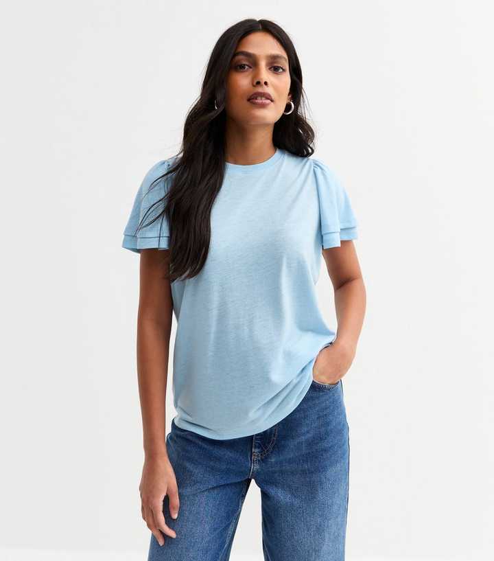 Light Blue Flutter Sleeve T-Shirt | New Look