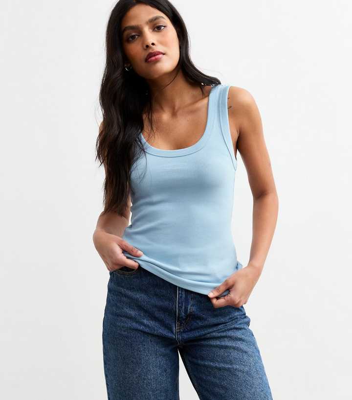 Light Blue Wide Strap Scoop Neck Ribbed Vest | New Look