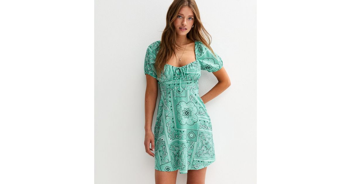 Green Tile Print Milkmaid Mini Dress | New Look