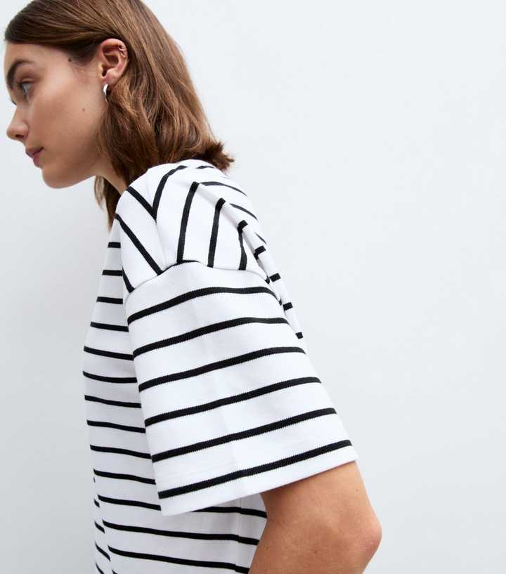 White Premium Heavyweight Cotton Striped Boxy Tee | New Look