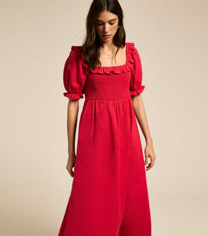 Red Frilly Trimmed Smock Midi Dress | New Look