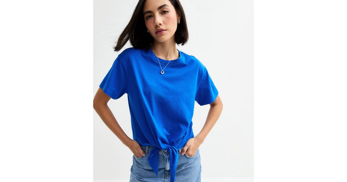 Bright Blue Tie Front T-Shirt | New Look