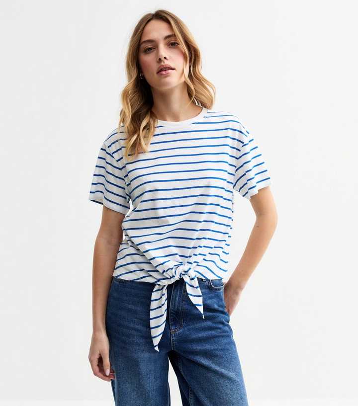 Blue Striped Tie Front T-Shirt | New Look