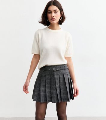 Grey Checked Box Pleat Mini Skirt New Look