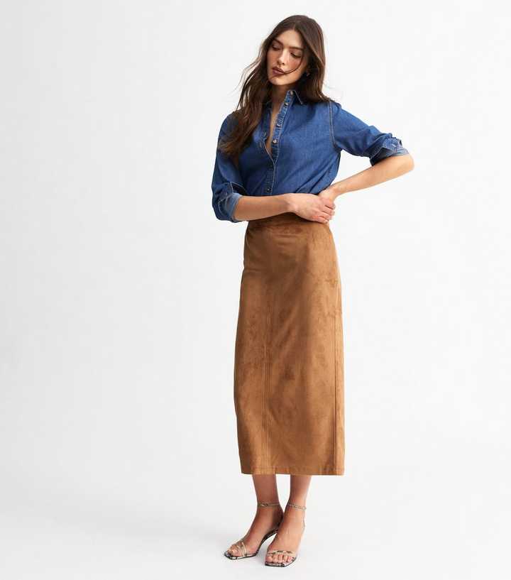 Tan Faux Suede Midi Skirt | New Look