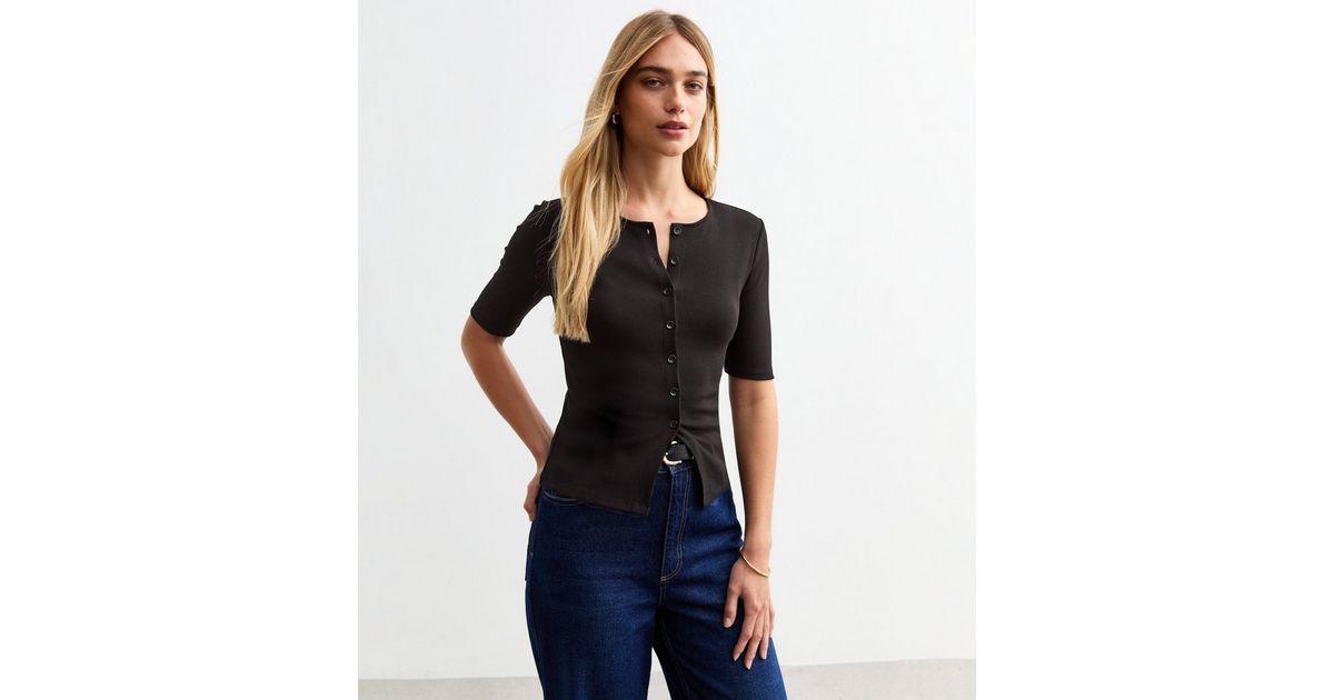 Black Button Front Rib Jersey Top New Look