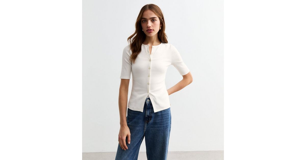 White Button Front Rib Jersey Top New Look