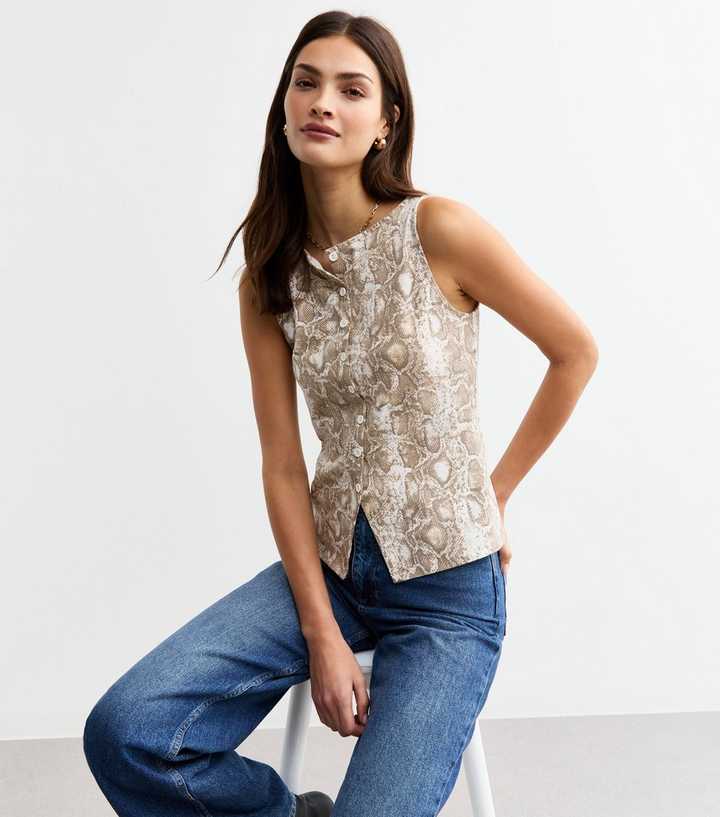 Off White Snake Print Button Up Vest | New Look