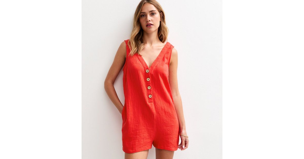 Red Crinkle Texture Sleeveless Playsuit | New Look