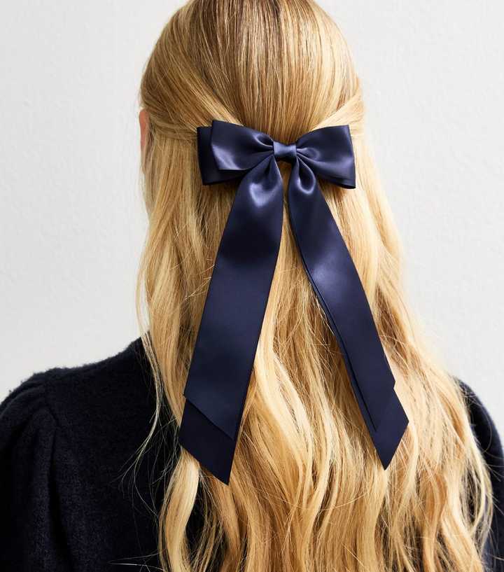 Navy Double Bow Satin Hair Clip | New Look