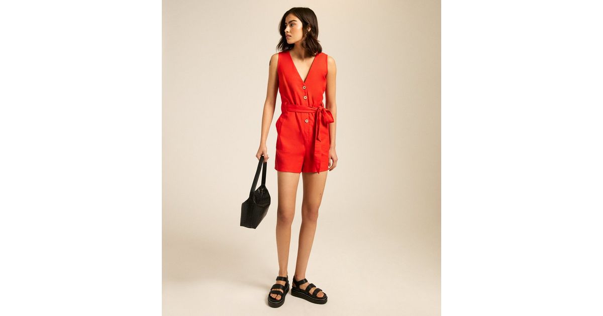 Bright Red V-Neck Belted Playsuit | New Look