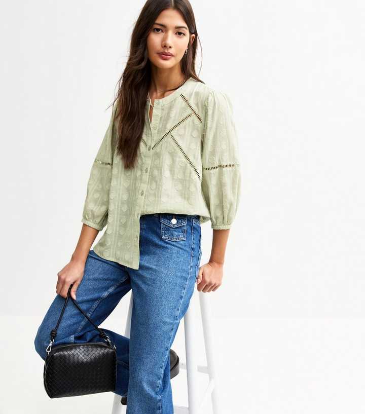 Light Green Shell Textured Ladder Stitch Crop Sleeve Blouse | New Look