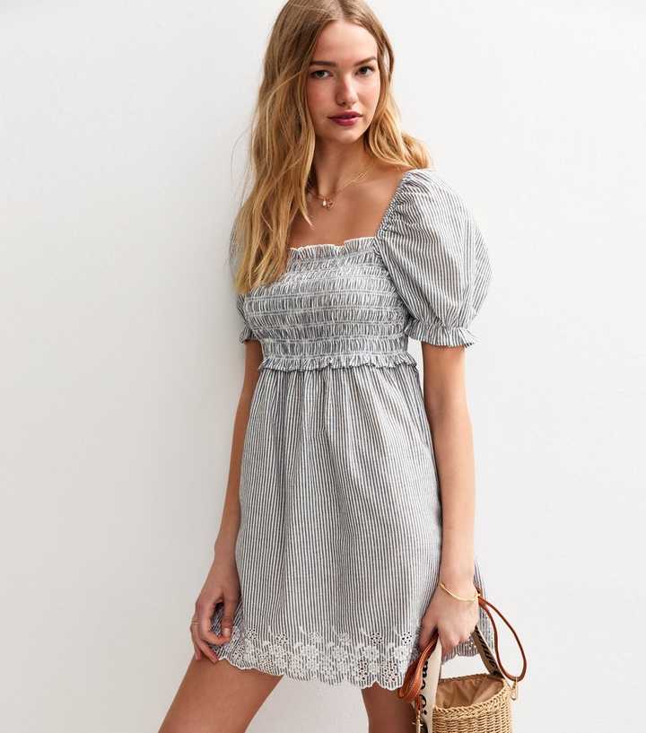 Blue Striped Embroidered Puff Sleeve Mini Dress | New Look