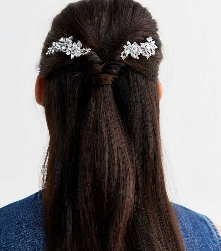 Pack of Two Silver Diamanté Flower Hair Slides | New Look