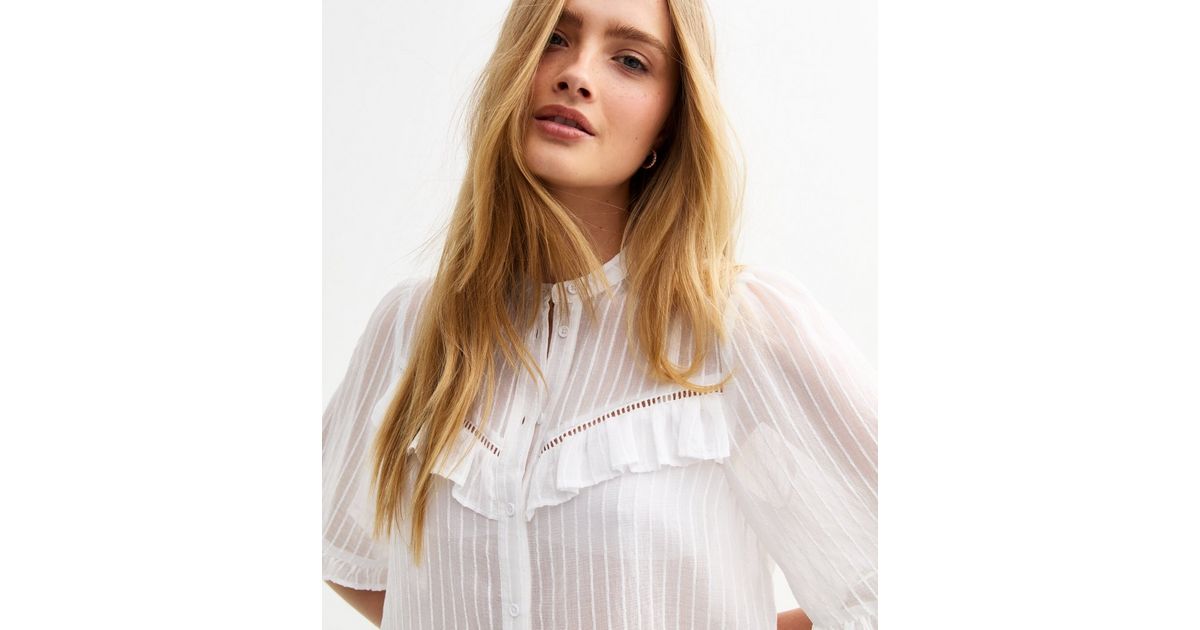 White Semi-Sheer Frill Trim Striped Shirt | New Look