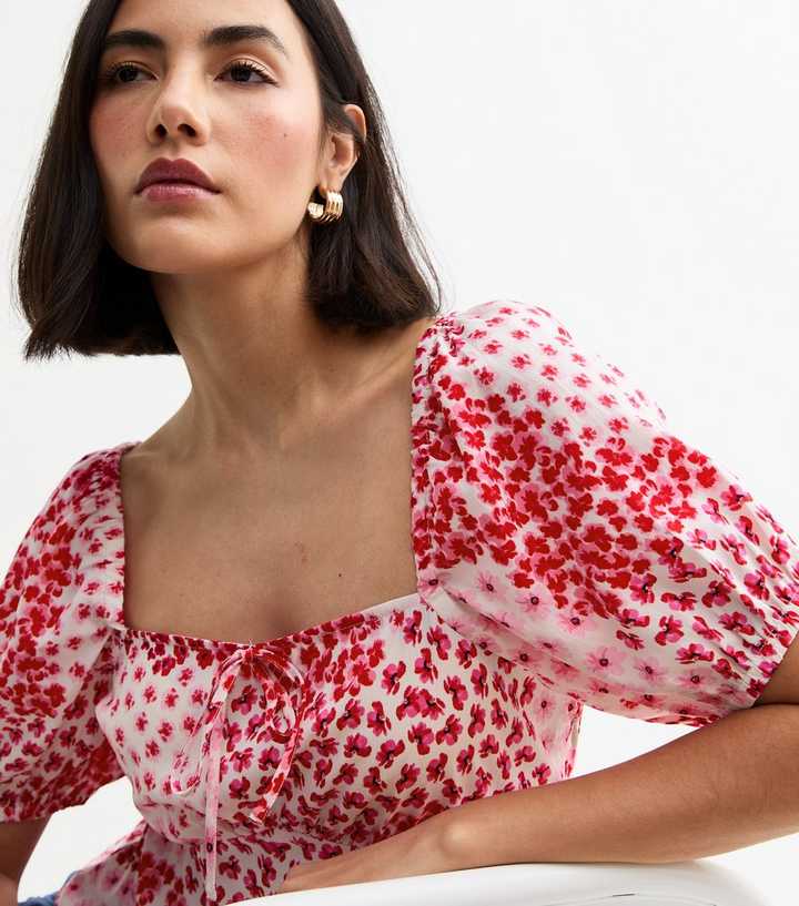 Pink Floral Print Puff Sleeve Top | New Look