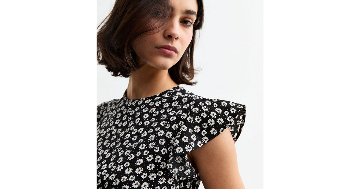Black Ruffled Sleeve Floral Print Top | New Look