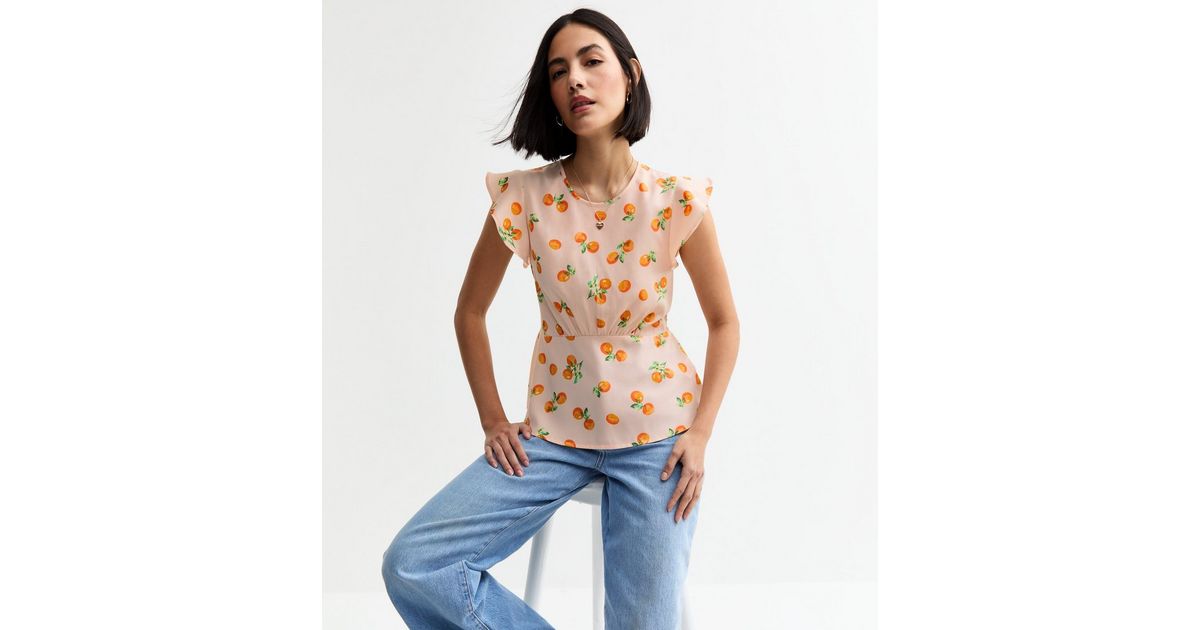 Off White Orange Print Ruffle Sleeve Top | New Look