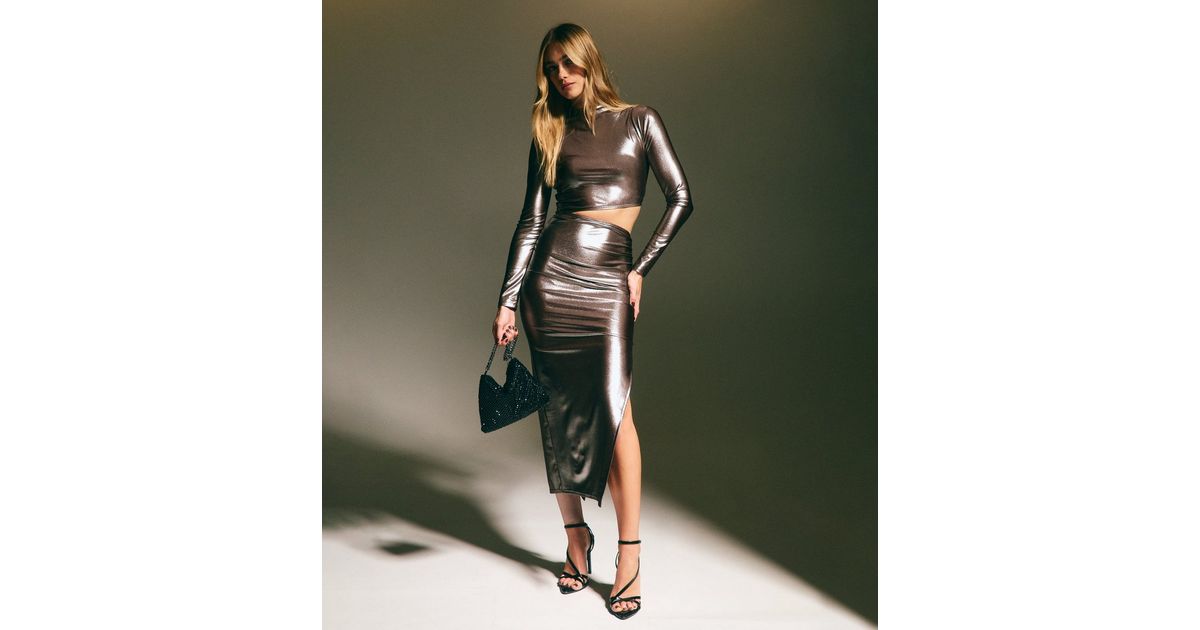 Dark Brown Cutout Metallic Jersey Midi Dress | New Look