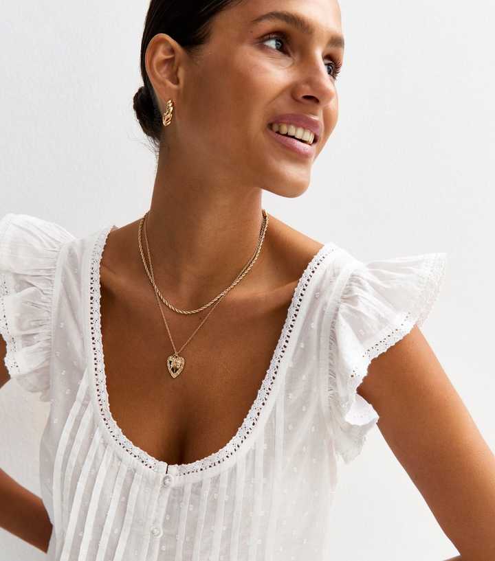 White Texture Lace Trim Pintuck Blouse | New Look