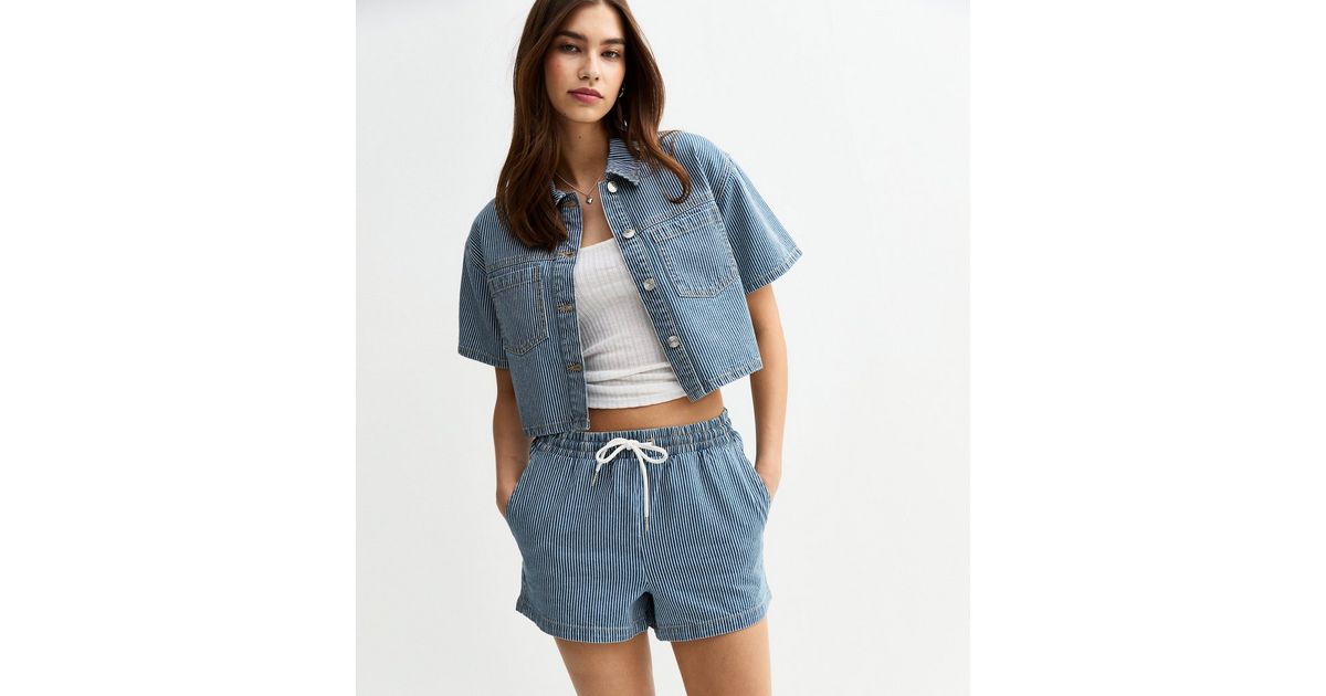 Navy Stripe Print Drawstring Denim Shorts | New Look