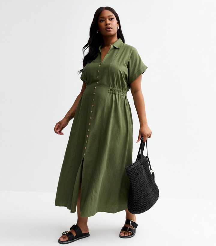 Curves Dark Khaki Shirred Waist Midi Shirt Dress | New Look