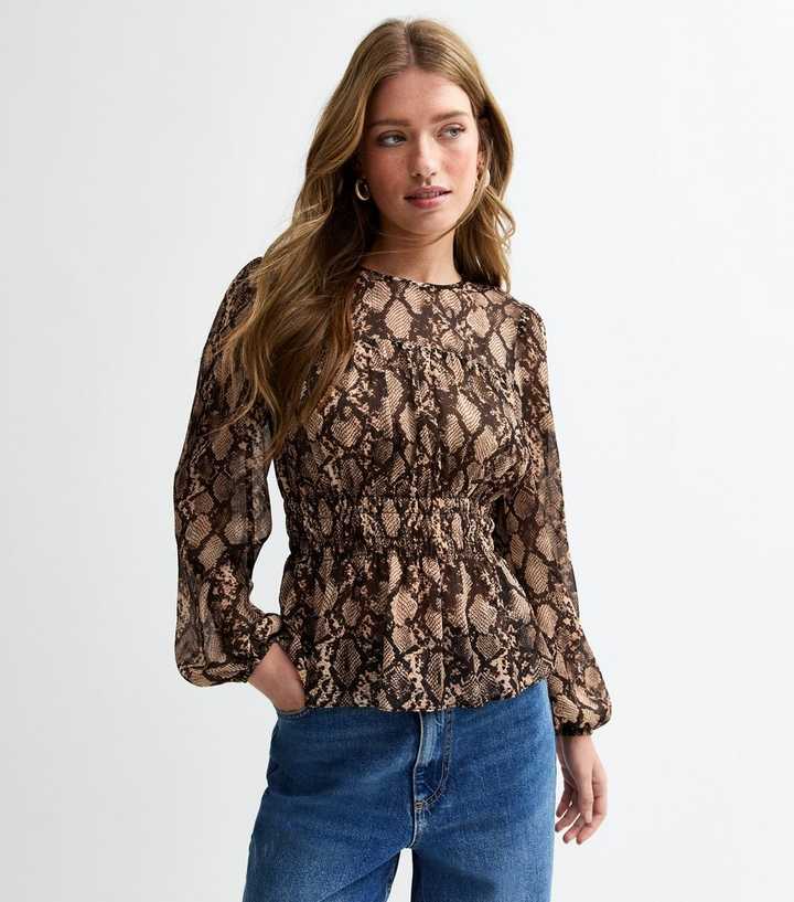 Brown Snake Print Chiffon Semi Sheer Blouse | New Look