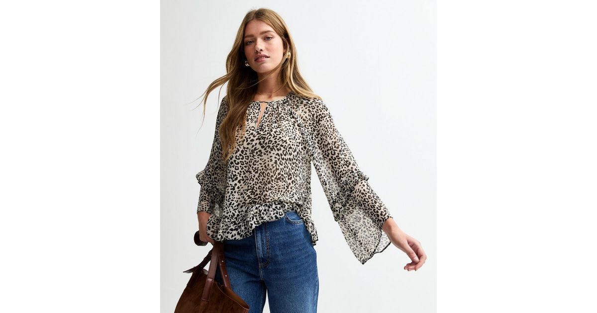 Black Leopard Print Frilly Trim Chiffon Blouse | New Look