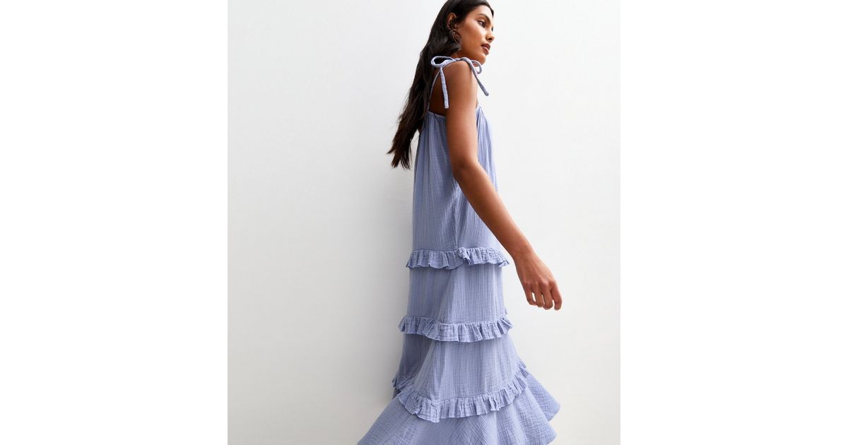 Blue Crinkled Frilly Trim Midi Dress | New Look