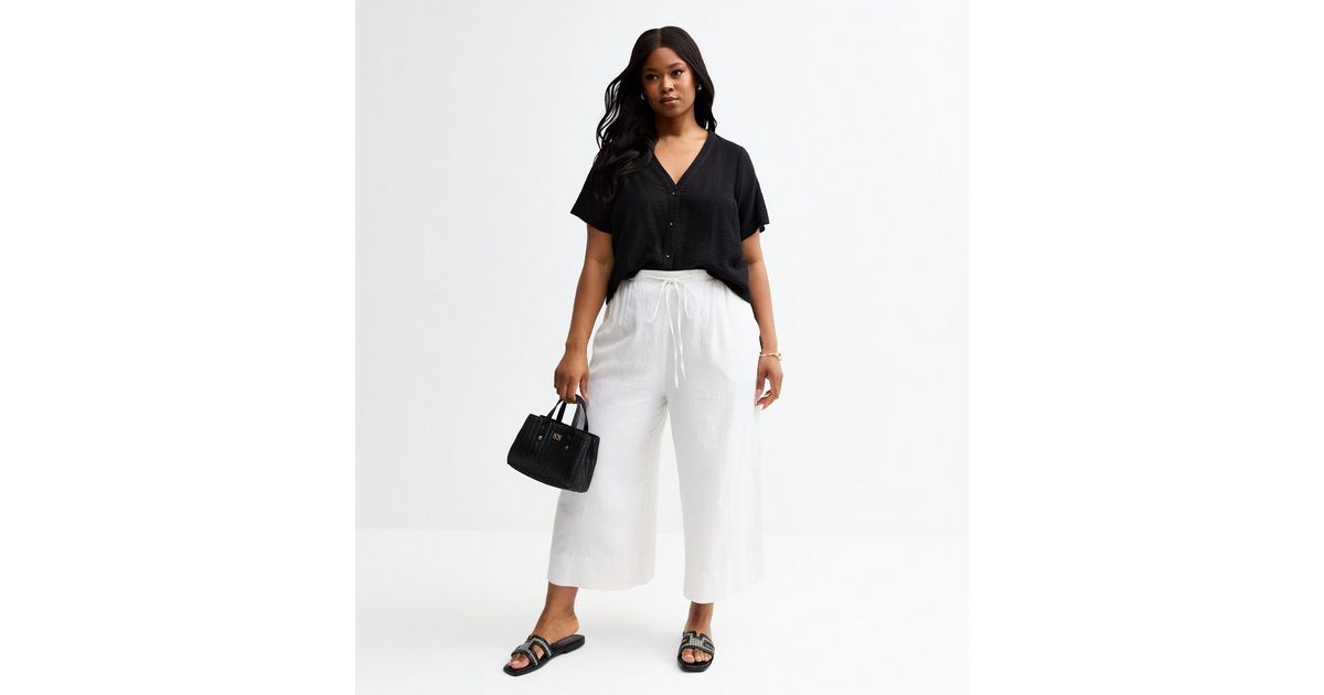 Curves White Wide Leg Woven Cropped Trousers | New Look